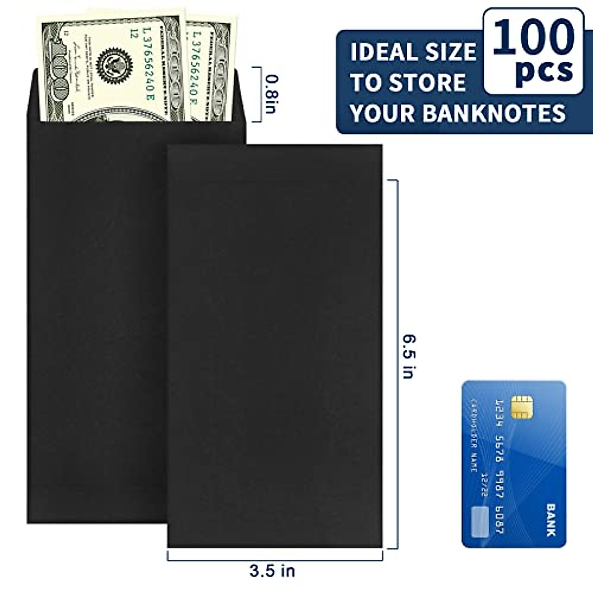 SWESARA 100 Pack Cash Envelopes for Budgeting, 6.7 x 3.5 Inch | Large Pack of Self-Adhesive Money Envelopes for Cash or Coins | Organization Envelopes for Checks, Jewelry, and Small Items(Black)