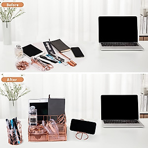 KAAKOW Rose Gold Desk Organizers and Accessories Office Supplies Set Stapler, Pen Holder, Phone Holder, Scissors, Pen, Ruler, 30 Paper Clips, 22 Binder Clip, 20 Tacks and 1000pcs Staples (Rose Gold)