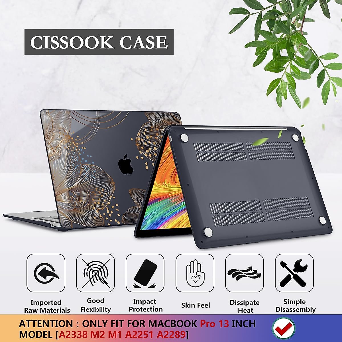 CISSOOK for MacBook Pro 13 inch Case 2023 2022-2020 Release Model A2338 M1 M2 A2289 A2251 with Touch Bar, Plastic Hard Shell Case & Keyboard Cover & Screen Protector for Pro 13, Gorgeous Gold Floral