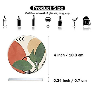 HOPONY Coasters for Drinks,6 Pieces Ceramic Stone Coaster Set with Metal Holder Stand, Cork Base,Absorbent Cups Place Mats for Home Decor,Abstract Leaf