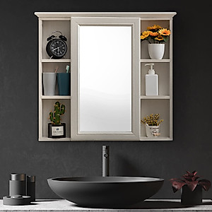 ALIMORDEN Mirror Medicine Cabinet with Shelves, Bathroom Wall Storage Cabinet, 30 Inch x 28 Inch, Over The Vanity, Toilet (No Back Board), White with Wood Grain