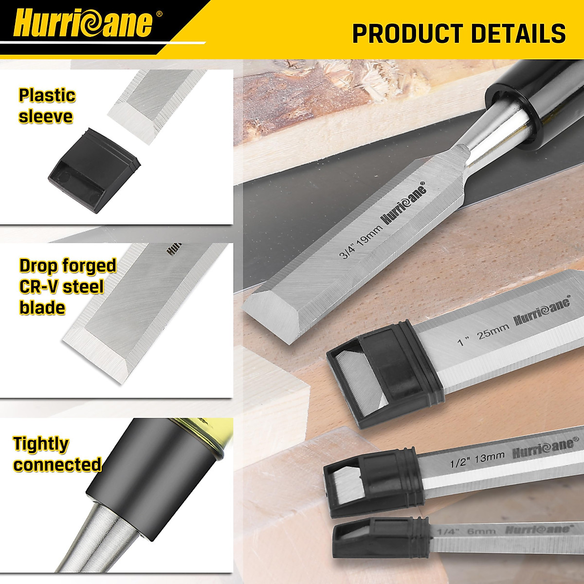 Hurricane 4 Piece Wood Chisel Set for Woodworking, CR-V Steel Beveled Edge Blade, Durable PVC High Impact Handle Wood Chisel