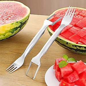 WDDH 2 in 1 Watermelon Slicing Knife,Dual Head Stainless Steel Fruit Forks Cutter Knife Portable Watermelon Fork Cutter Tool for Party Camping Kitchen Gadget[#1]