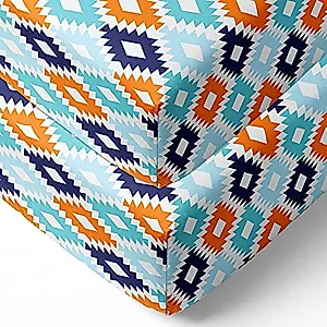 Bacati Liam Aztec Kilim Cotton Percale Crib/Toddler Bed Fitted Sheets 2 Piece, Aqua/Orange/Navy