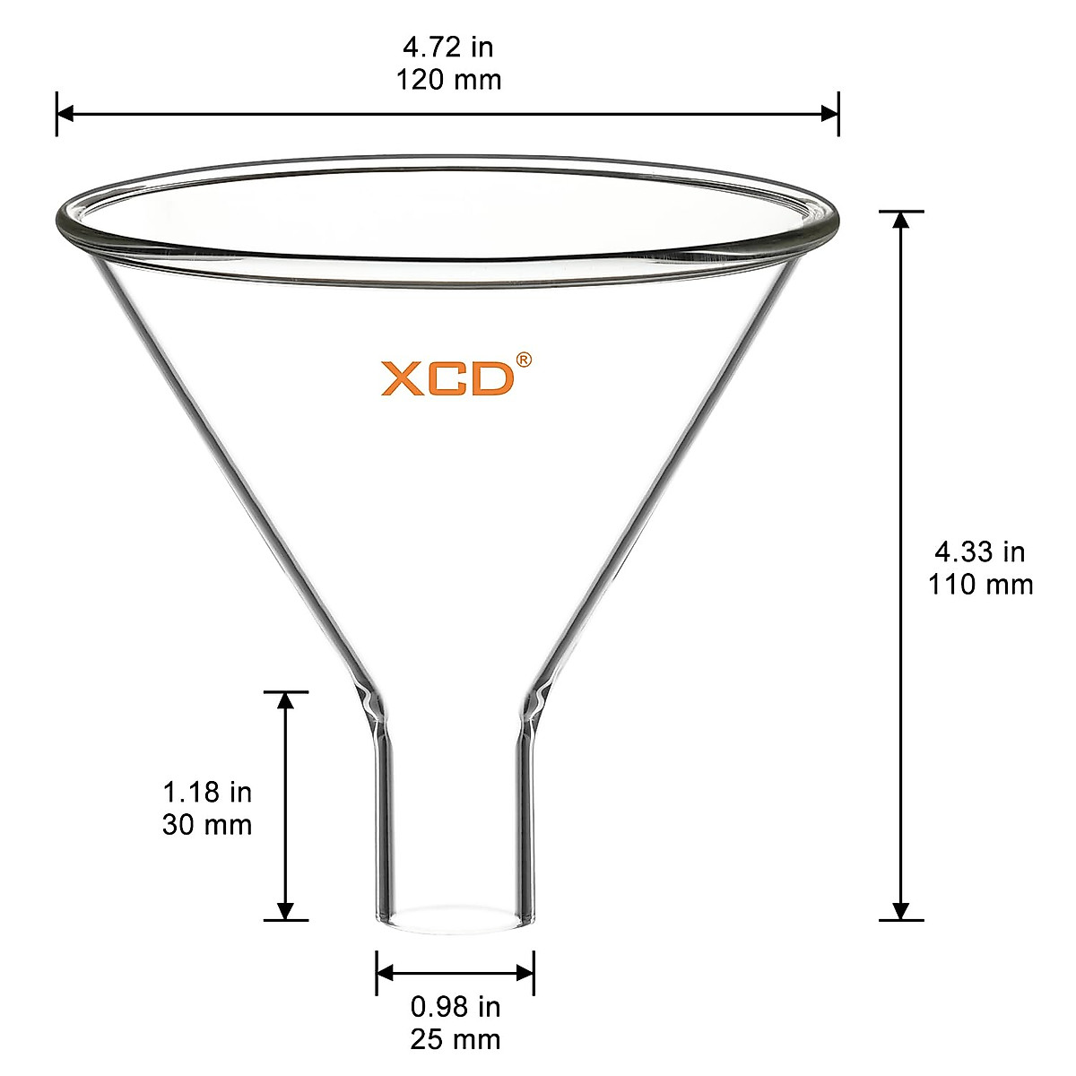 XCD Glass Powder Funnel, Borosilicate Glass Heavy Wall Short Stem Funnel with 120 mm Top Diameter and 22 mm Stem Diameter for Precise Powder Transfers in Laboratory