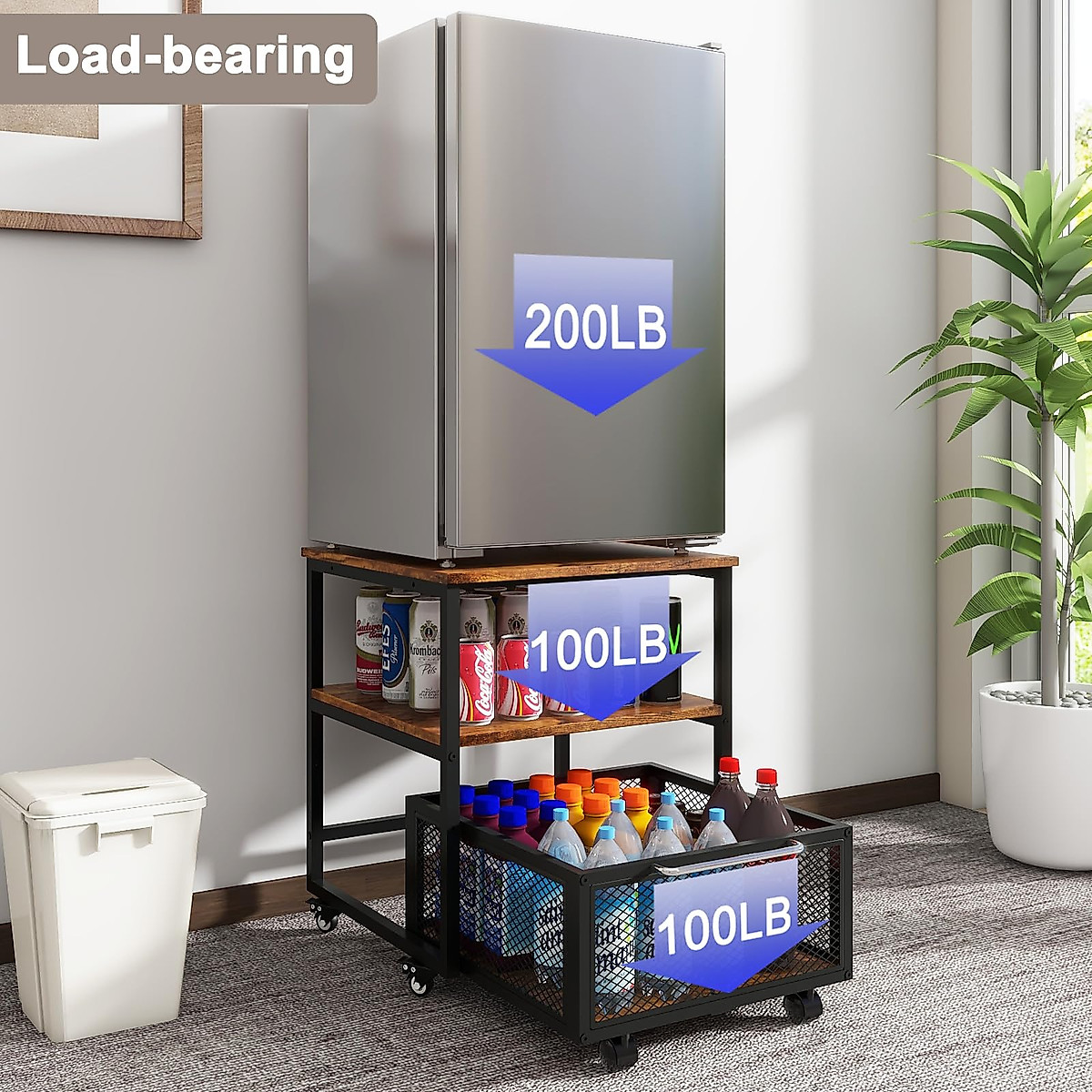 PUNCIA 19.7x19.7in Mini Fridge Stand with Storage and Wheels Heavy Duty Mini Fridge with 4 Lockable Wheels Table Beverage Refrigerator Stand for Coffee Bar Fridge Car for Office Home Bedroom Dorm