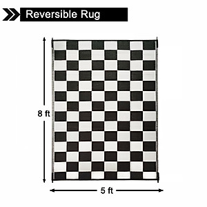RURALITY Outdoor Rug 5x8 for Patios Clearance,Waterproof Indoor Outdoor Mats for Camping,Beach,RV,Porch,Picnic,Reversible,Black and White,Check