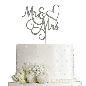 AMINJIE Silver Glitter Mr & Mrs Cake Topper - Wedding, Engagement, Wedding Anniversary Cake Toppers Decorations