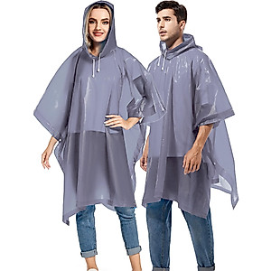 Borogo 2 Pack Rain Ponchos for Adults Reusable - Raincoats Survival Emergency Heavy Duty Rain Coat with Drawstring Hood Grey