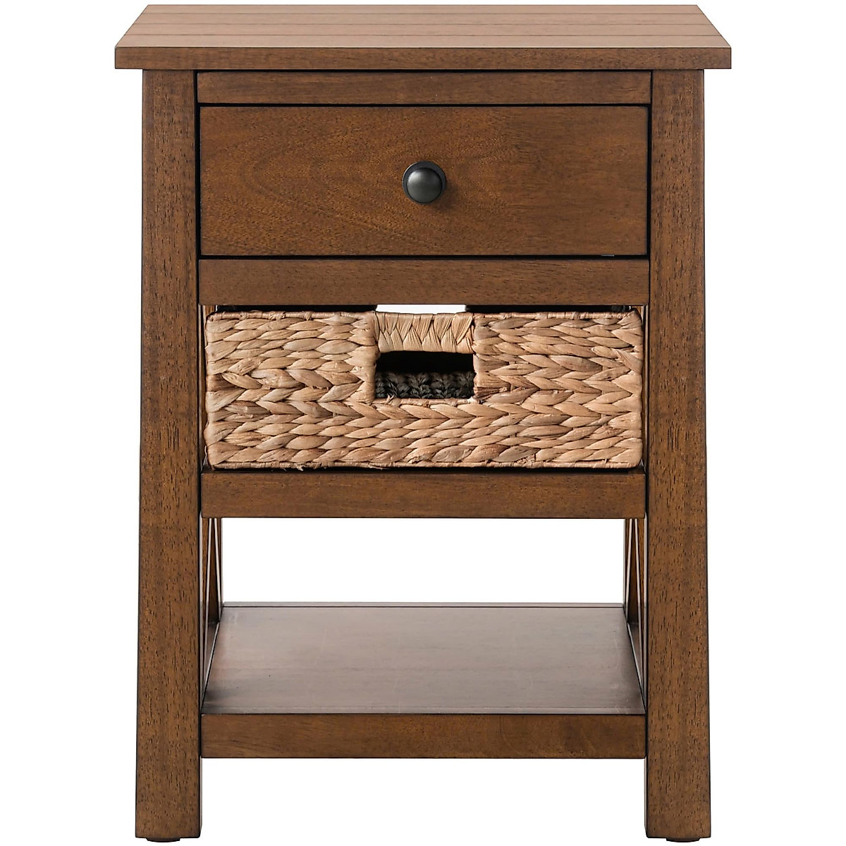 eHemco X-Side Nightstand End Table Side Table with Drawer, 2 Storage Shelves and Wicker Basket, Coffee