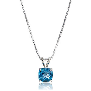 MAX + STONE 925 Sterling Silver 6mm Cushion Cut December Birthstone London Blue Topaz Solitaire Pendant Necklace for Women with 18 inch Box Chain