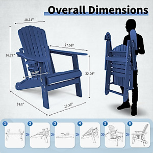 Mguio Folding Adirondack Chair, Fire Pit Chairs, Plastic Adirondack Chairs Weather Resistant with Cup Holder, Composite Adirondack Chairs, HDPE Adirondack Chair Outdoor