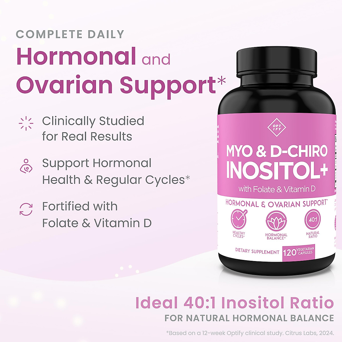 Premium Inositol Supplement - Myo-Inositol and D-Chiro Inositol Plus Folate and Vitamin D - Ideal 40:1 Ratio - Hormone Balance & Healthy Ovarian Support for Women - Vitamin B8 - 30 Day Supply