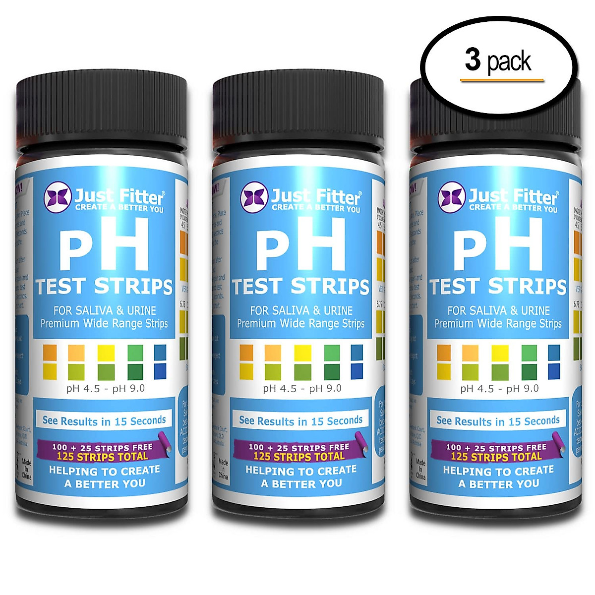 pH Test Strips (3 Bottles). Test Alkaline and Acid Levels in The Body. Track & Monitor Your pH Level Using Saliva and Urine. Highly Accurate Results in Seconds. 125 Strips per Bottle (100 + 25 Free).