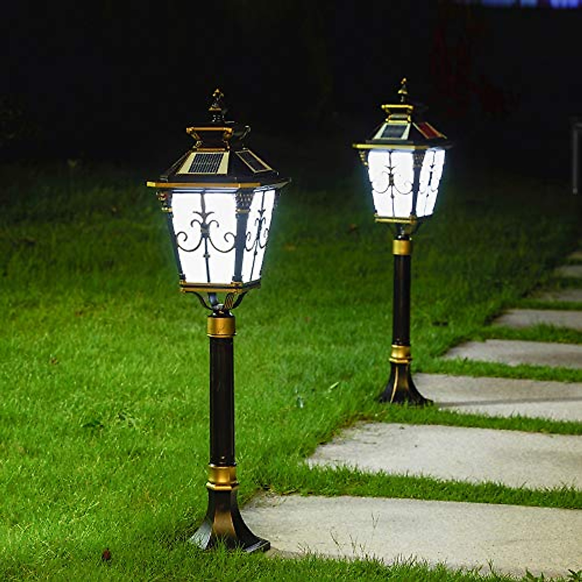 Vintage Solar Column Light LED Post Lamp Outdoor Retro Glass Lantern European Antique Aluminum Metal Courtyard Lighting Park Community Path Street Light Victorian High Pole Lamp IP65 Deck Patio