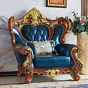 DEKIST European-Style Leather Sofa, Solid Wood Carved Luxury American-Style Villa Sofa, Living Room Furniture Combination Single Sofa is Suitable for Villas, Clubs, Apartme