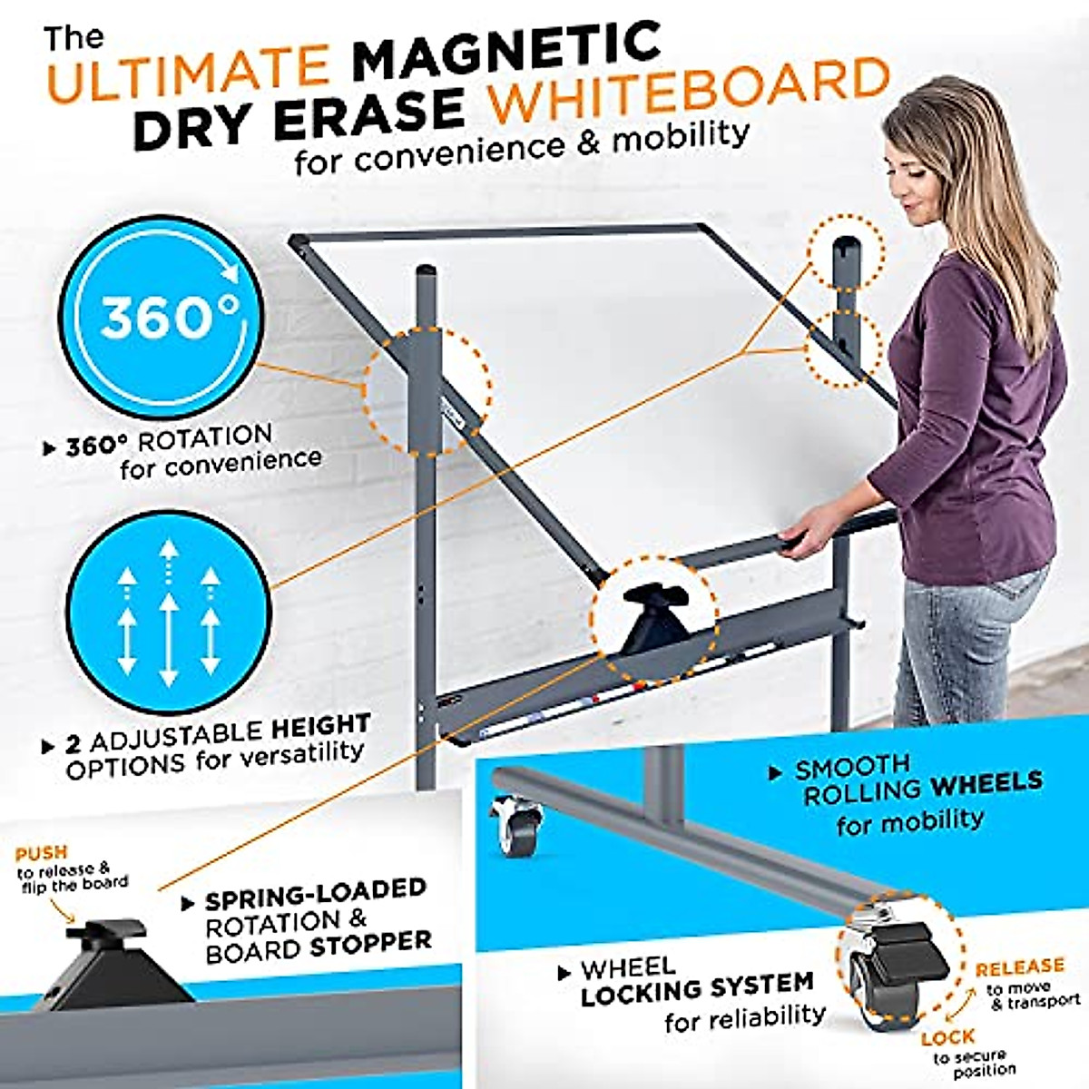 Zenguin Mobile Whiteboard – Easel Style Dry Erase Board w Locking Wheels - Double Sided Magnetic Easel Board - Adjustable Height Rolling Whiteboard - Portable Whiteboard w Accessories (48x36, Gray)