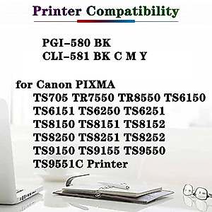 OGLU PGI-580 CLI-581 XL Compatible Ink Cartridges for Canon PIXMA TS705 TR7550 TR8550 TS6150 TS6151 TS6250 TS6251 TS8150 TS8151 TS8152 TS8250 TS8251 Printer 1set 5pcs