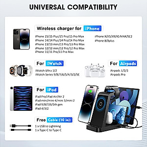 Wireless Charger for iPhone - 5 in 1 Charging Station for Multiple Devices Apple: Fast Wireless Charging Stand Dock for iPhone 15 14 13 12 Pro Max Apple Watch Airpods