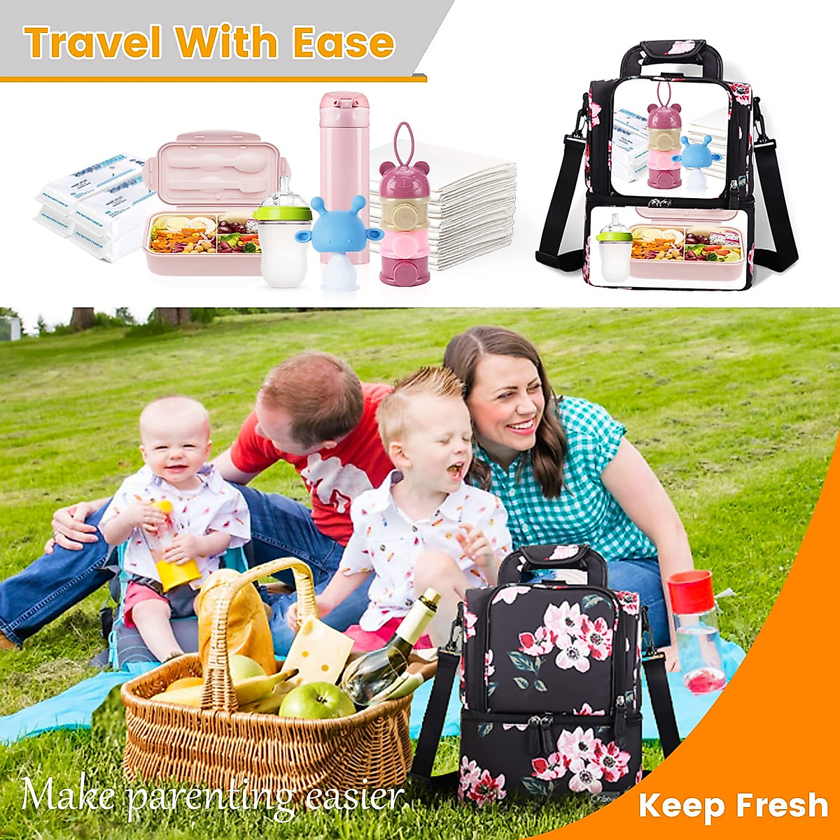 Orzbow Diaper Bag Backpack Tote,Fits Most Breast Milk Storing Bags, Double Layer for Working Moms