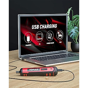 POPULO 4V Electric Screwdriver Kit,6 Torque Settings, Power Screwdriver Cordless Rechargeable with LED Work Light, 32 pieces Screwdriver Bits, 8 Sockets, Flex Hex Shaft, Bit Holders and Storage Box