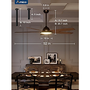 Amico Ceiling Fans with Lights, 52 inch Smart Ceiling Fan with Remote/APP/Alexa Control, Reversible DC Motor, 5 Blades, 6 Speeds, 3CCT, Dimmable, Noiseless, Wifi Ceiling Fan for Bedroom, Farmhouse