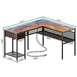 SUPERJARE L Shaped Desk with Power Outlets & LED Lights, Computer Desk with Storage Shelves & Fabric Drawer, Reversible Corner Desk with Bookshelf, Home Office Desk, Rustic Brown