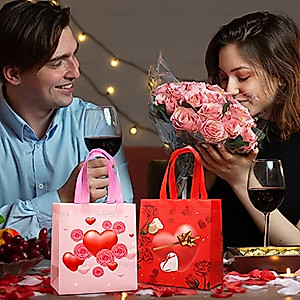 4PCS Happy Valentines Day Reusable Gift Bags, Treat Bags with Handles, Valentines Day Party Bags, Multifunctional Non-Woven Valentines Bags for Gifts Wrapping, Valentines Party Supplies, 8.7×9.2×4.3inch