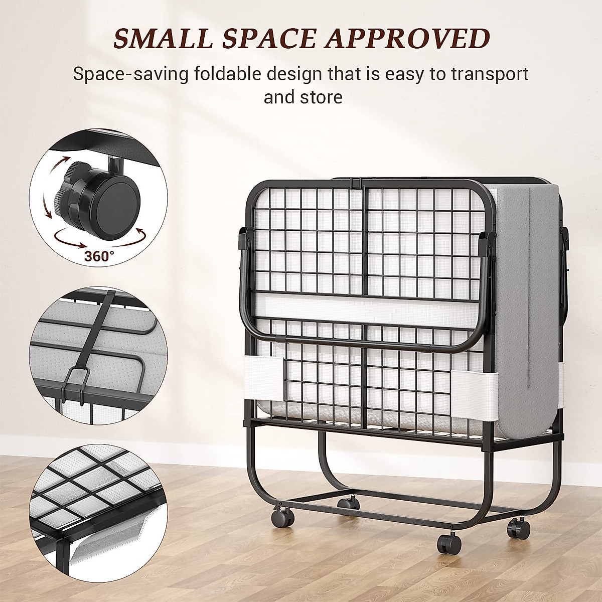 Homieasy Folding Bed with Mattress - 38 Inch Twin Size Rollaway Bed for Adults, Portable Foldable Bed with Storage Cover, Extra Guest Bed on Wheels (75” x 38”)