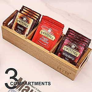 HTB Small Tea Bag Box Wooden, 3 Compartments Acacia Wood Tea Bag Chest with Handle, Mini Countertop Divided Storage Container for Beverage Supplies, Sugar, Sweeteners, Individual Packets