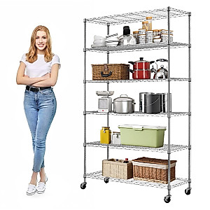 Heavy Duty Storage Shelves Hold 2100LBS Metal Shelves with Wheels Adjustable 6 Tier Wire Shelving Unit NSF Shelving for Closet Kitchen Garage Basement, 82" H x 48" L x 18" D- Chrome