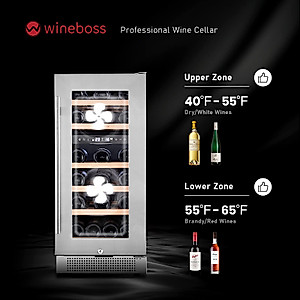 WINEBOSS 15" Wine Cooler Refrigerator, 28 Bottle Seamless Stainless Steel Built-in Freestanding Wine Fridge Double-Layer Tempered Glass Door with Lock, Under Counter Wine Cellar