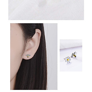 CZ Bee Daisy Flower Asymmetric Sterling Silver Tiny Small Stud Earrings for Women Cartilage Tragus Sensitive Ear Fashion Animal Cute Mini Piercing Post Hypoallergenic Gifts Daughter