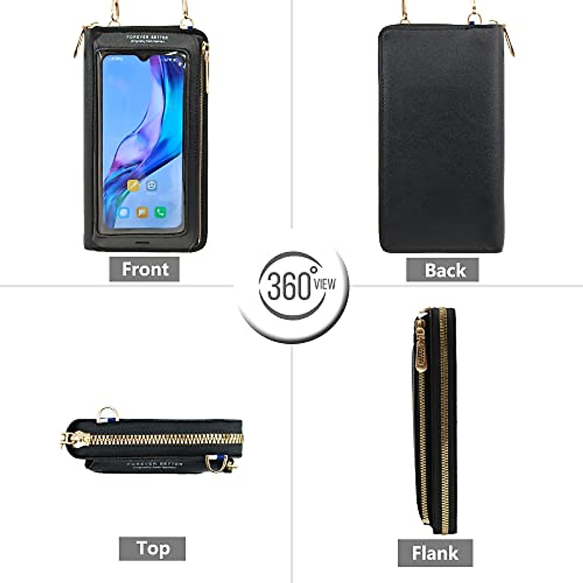 PORT&LOTUS Small Crossbody Bags for Women RFID Blocking Touch Screen Phone Bag Handbags for Women Cell Phone Purse Wallet Ladies Small Women's Clutch PU Leather Shoulder Bags Card Holder Black 2