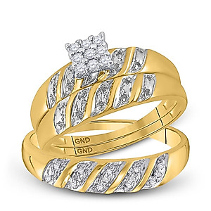 Jewels By Lux 10kt Yellow Gold His & Hers Round Diamond Cluster Matching Bridal Wedding Ring Band Set 1/10 Cttw Ring Size 9.5