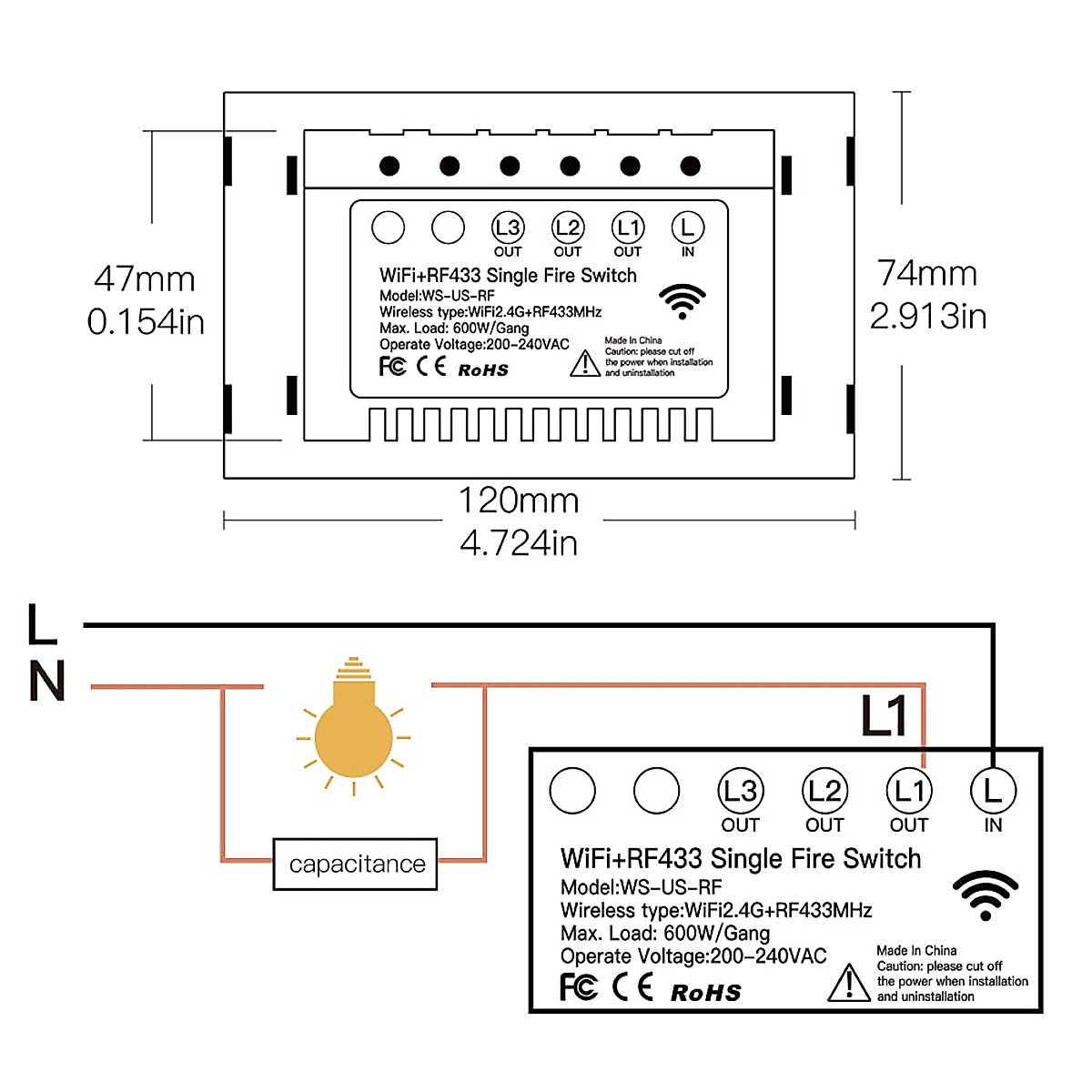 MOES Touch Wall Single Live Wire Smart Switch，No Neutral Wire Needed, 2.4GHz WiFi RF433 Light Switch Works with Smart Life/Tuya App, Alexa and Google Home, Single Pole 110V, White 1 Gang
