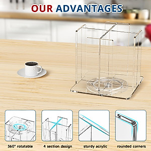 KOTEMON Cup and Lid Holder, 4 Compartment, Square | Rotating Coffee Cup Dispenser Lid Carousel for Restaurant, Buffet, Coffee Station, Bar, Countertop, Clear Acrylic