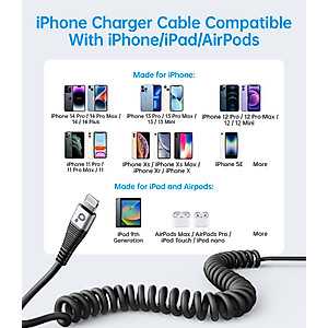 iPhone Charger Cable for Car (3FT/5FT), 2Pack Coiled Lightning Cable, [Apple MFi Certified] Retractable Charging Cord Compatible with iPhone 14/13/12/11 Pro Max/XS MAX/XR/XS/8/iPad/iPod/CarPlay