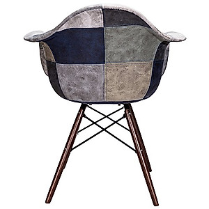 CozyBlock Mooku Blue & Gray Patchwork Leatherette Fabric Upholstered DAW Dining Accent Arm Chair with Dark Walnut Leg