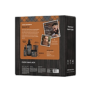 Every Man Jack Mens Aged Bourbon Beard Kit - Perfect for Every Guy - Includes Four Full-Sized Grooming Essentials - Beard + Face Wash, Beard Oil, Beard Butter + Beard Comb