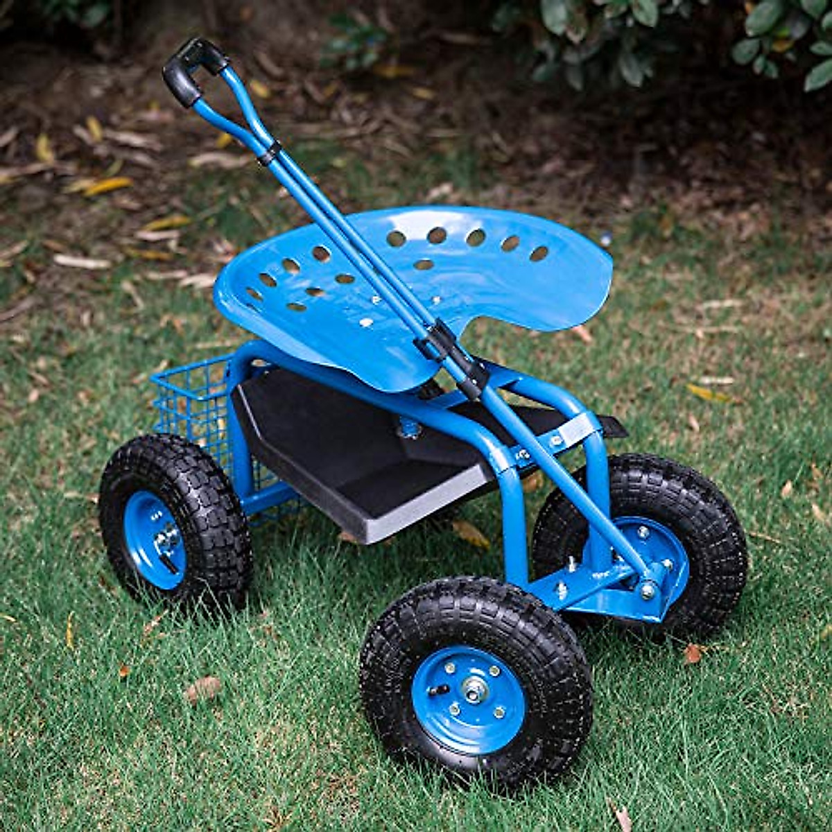 kinbor Garden Cart Rolling Work Seat with Tool Tray Outdoor Utility Lawn Patio Yard Wagon Scooter for Planting with Adjustable Handle 360 Degree Swivel Seat, Blue