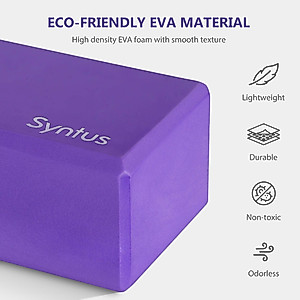 Syntus Yoga Block and Yoga Strap Set, 2 EVA Foam Soft Non-Slip Yoga Blocks 9×6×4 inches, 8FT Metal D-Ring Strap for Yoga, General Fitness, Pilates, Stretching and Toning, Purple