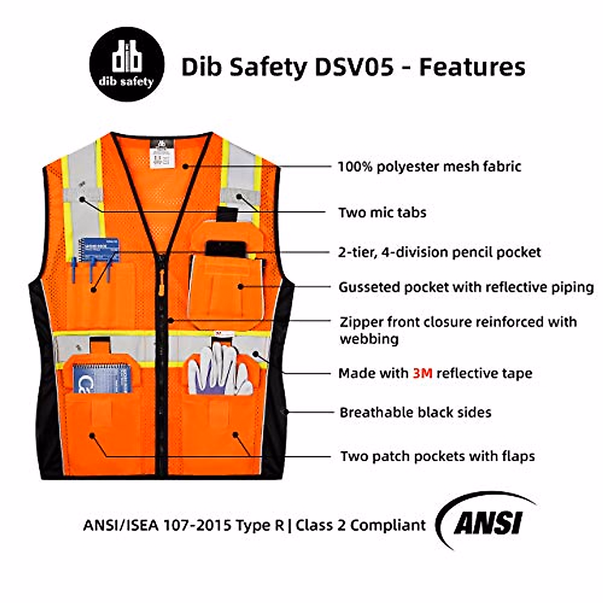 Dib Safety Vest for Women with Pockets, Mesh Reflective Vest High Visibility, ANSI Class 2 Made with 3M Reflective Tape, Orange and Black S