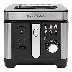 West Bend Deep Fryer with Adjustable Temperature Control Nonstick Basket Easy-View Window and Temperature Guide, Folding Handle and Locking Cover for Easy Storage, 3-Liter, Silver,Black, DFWB3LBK13