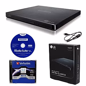Produplicator LG BP60NB10 Portable 6X Ultra HD 4K Blu-ray Burner External Drive with CyberLink Software, 25GB M-DISC BD-R, and USB Cable - Burns CD DVD BD DL BDXL Discs
