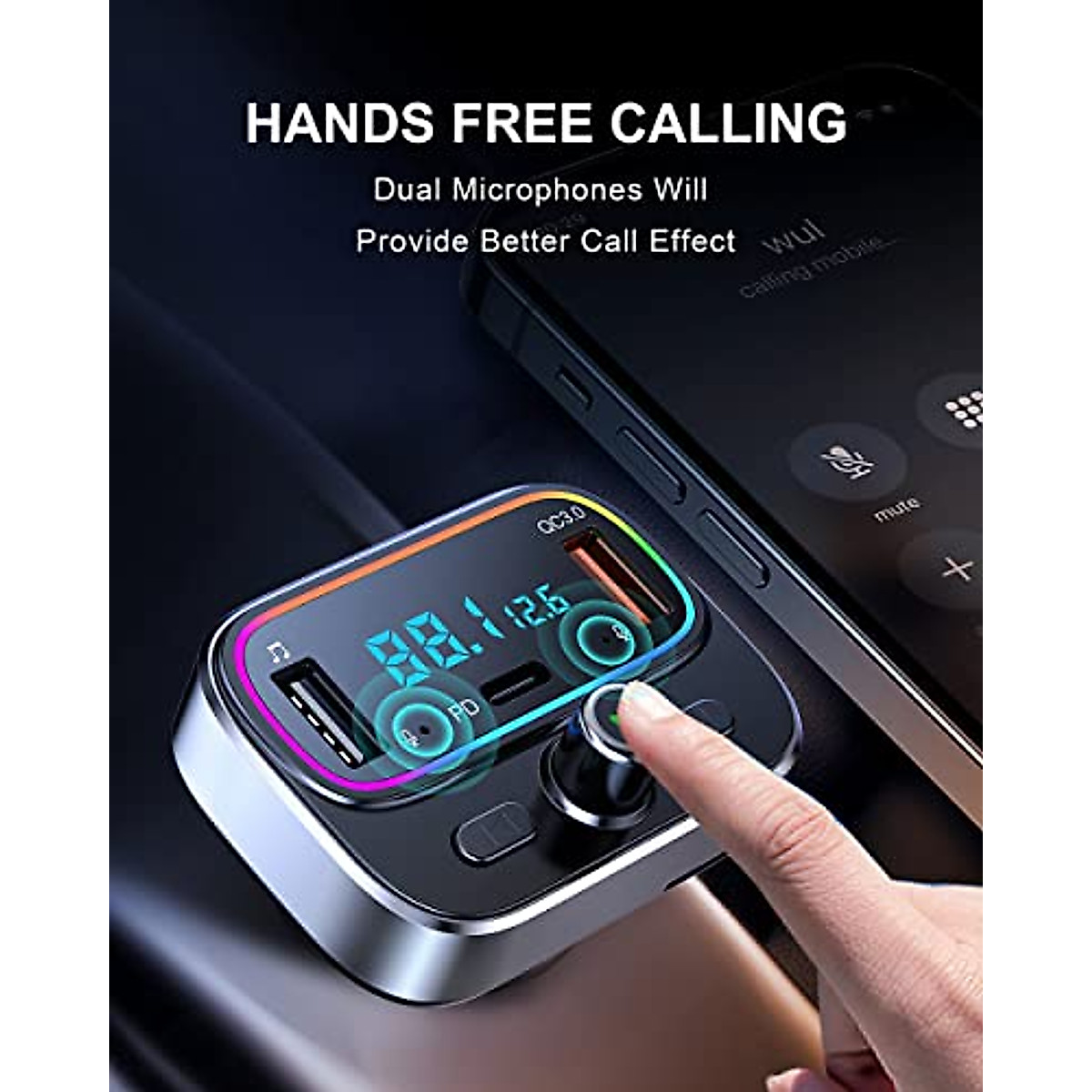 Bluetooth FM Transmitter for Car Wireless Radio Adapter Kit, Hands-Free Calling Dual Microphone, Car USB Charger QC 3.0 & PD 20 W for All Smartphones Audio Players, Supports TF/SD Card and USB Disk