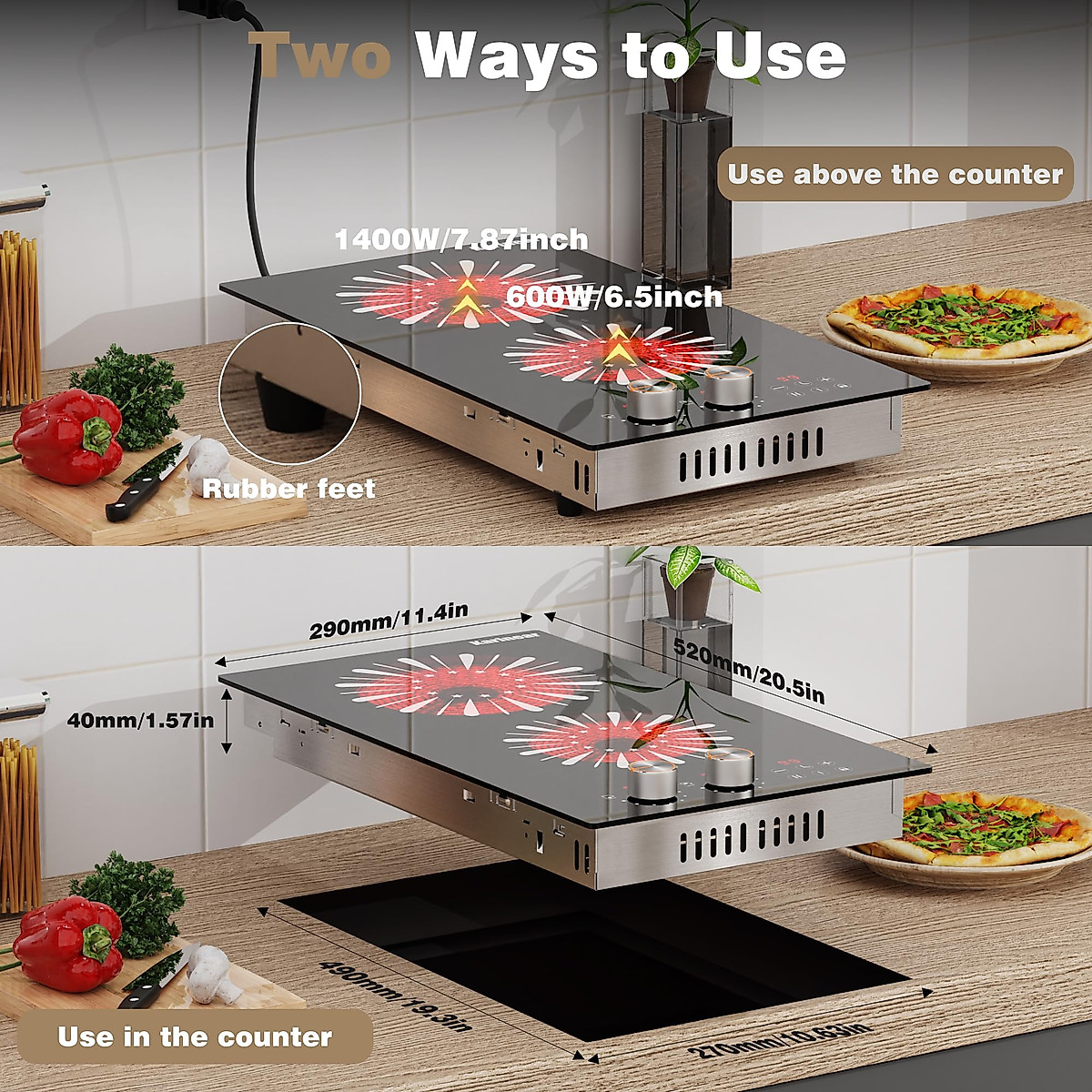 Karinear 110V Electric Cooktop 2 Burners, 12 Inch Electric Stove with Plug in, Countertop & Built-in Ceramic Stove Top, Knob and Sensor Touch Control, Multifunctional Radiant Stove