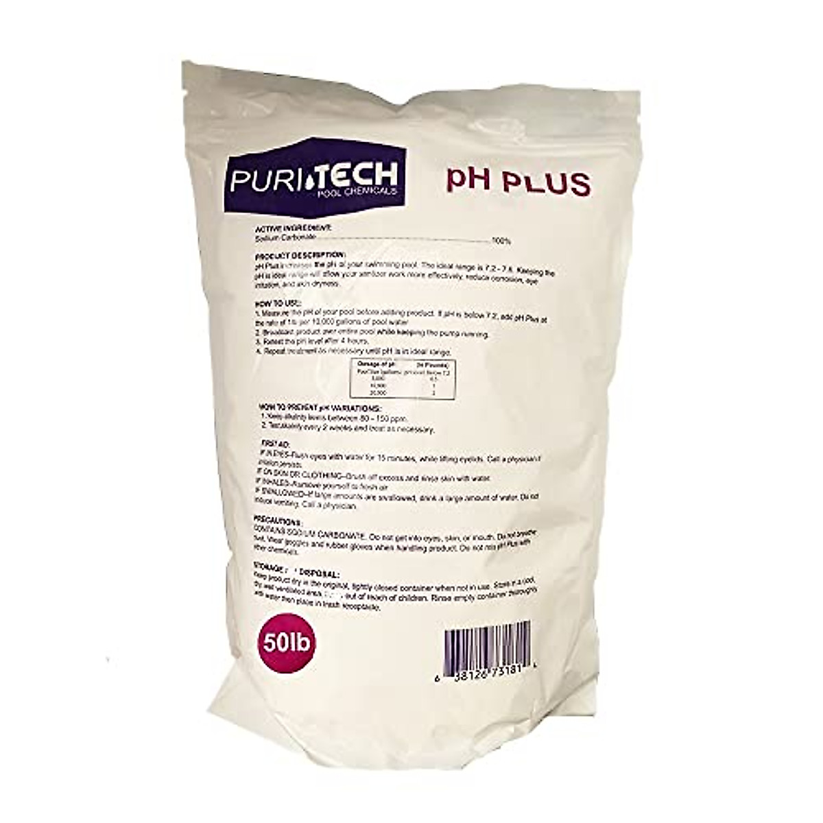 Puri Tech Chemicals pH Plus 50lb Resealable Bags for Swimming Pools & Spas pH Increaser Up Balancer 100% Sodium Carbonate Increases pH & Chlorine Effectiveness