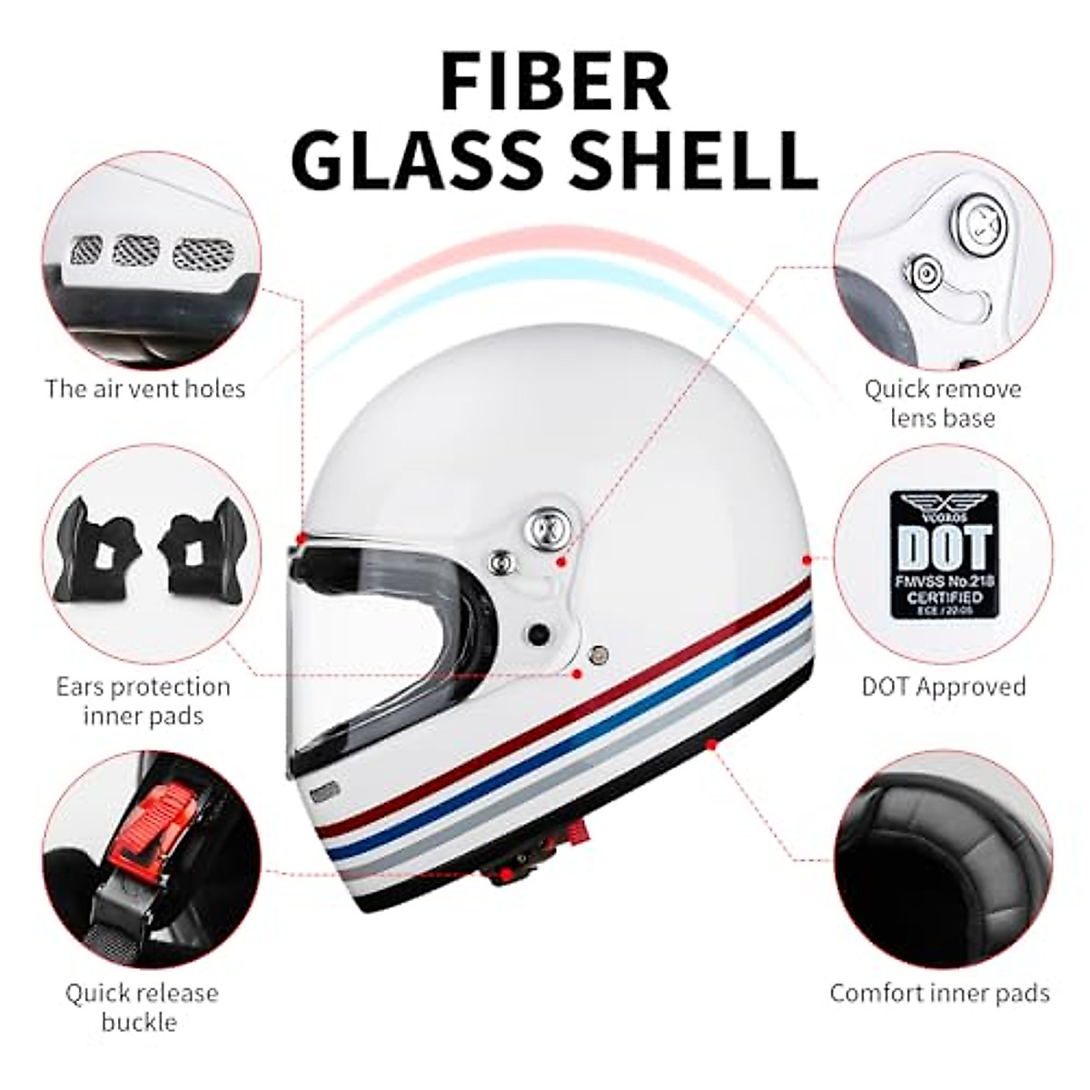 Retro Full Face Helmet A600 Unisex-Adult Old School Full Face Motorcycle Helmet with Graphic Fiberglass Shell DOT Approved Touring Bobber(Red Blue Gray, M)