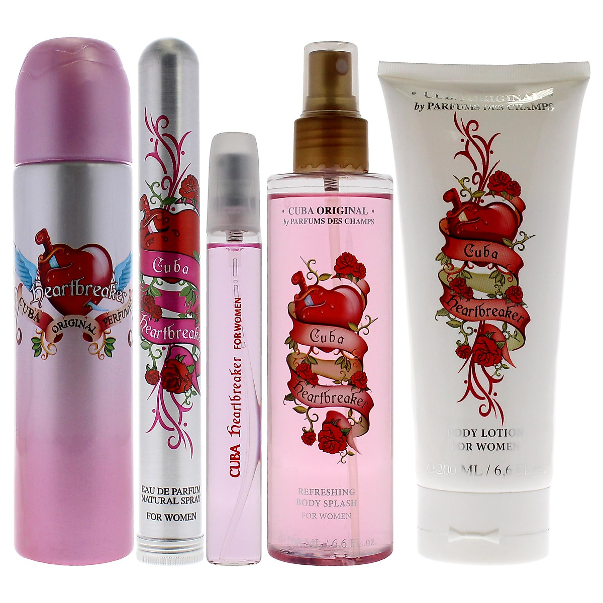 Cuba Cuba Must Have Heartbreaker Women 5 Pc Gift Set 3.4oz EDP Spray, 1.17oz EDP Spray, 0.5oz EDP Spray, 6.7oz Body Spray, 6.7oz Body Splash I0120738